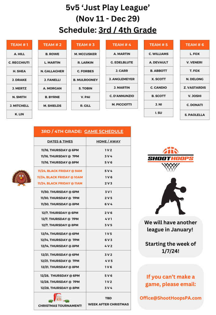5v5 Just Play League Schedule - 3rd & 4th Grade - Shoot Hoops PA