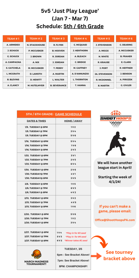 5v5 Just Play League Schedule - 5th & 6th Grade - Shoot Hoops PA